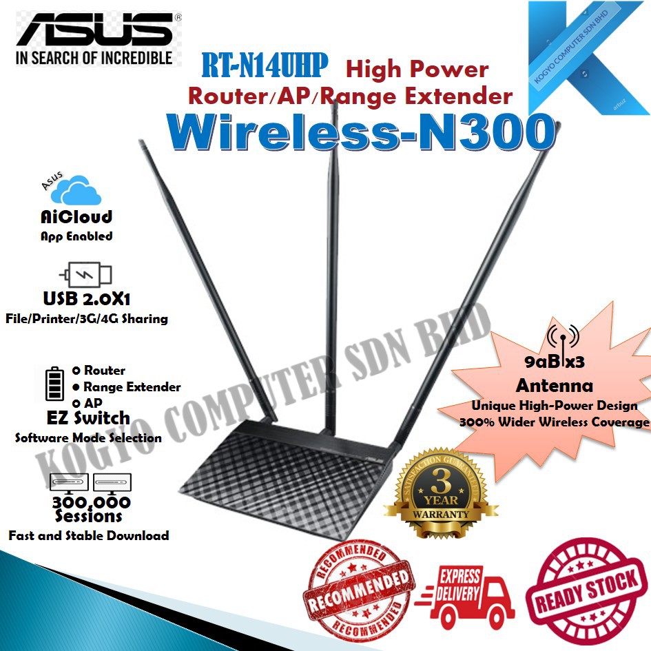 Asus RT-N14UHP High Power N300 3-In-1 Wireless Router / Access Point ...