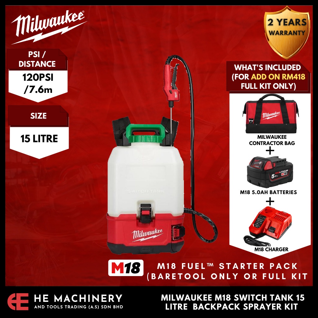 MILWAUKEE M18 SWITCH TANK 15 LITRE BACKPACK SPRAYER KIT M18 BPFPH-0 ...