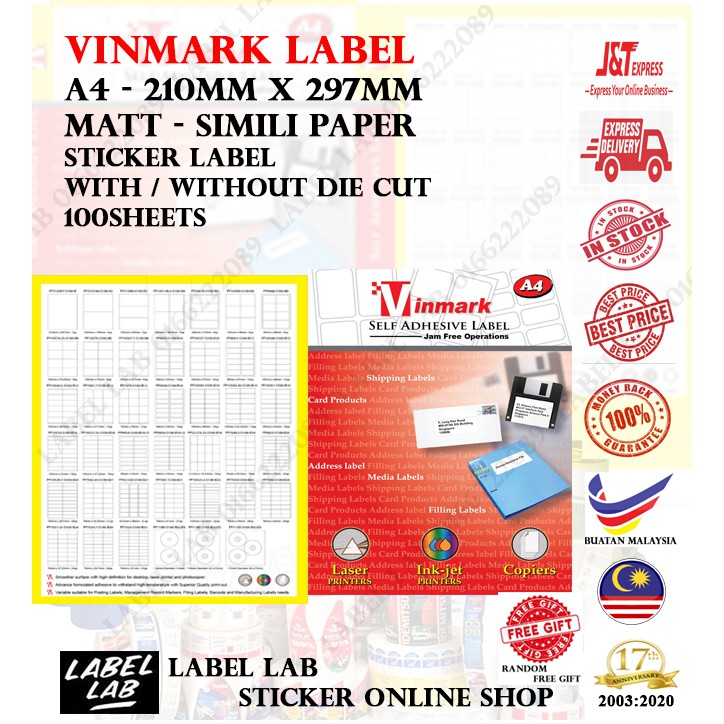 Vinmark A4 Simili Paper Sticker Label With Die Cut 100 Sheets [Ready ...