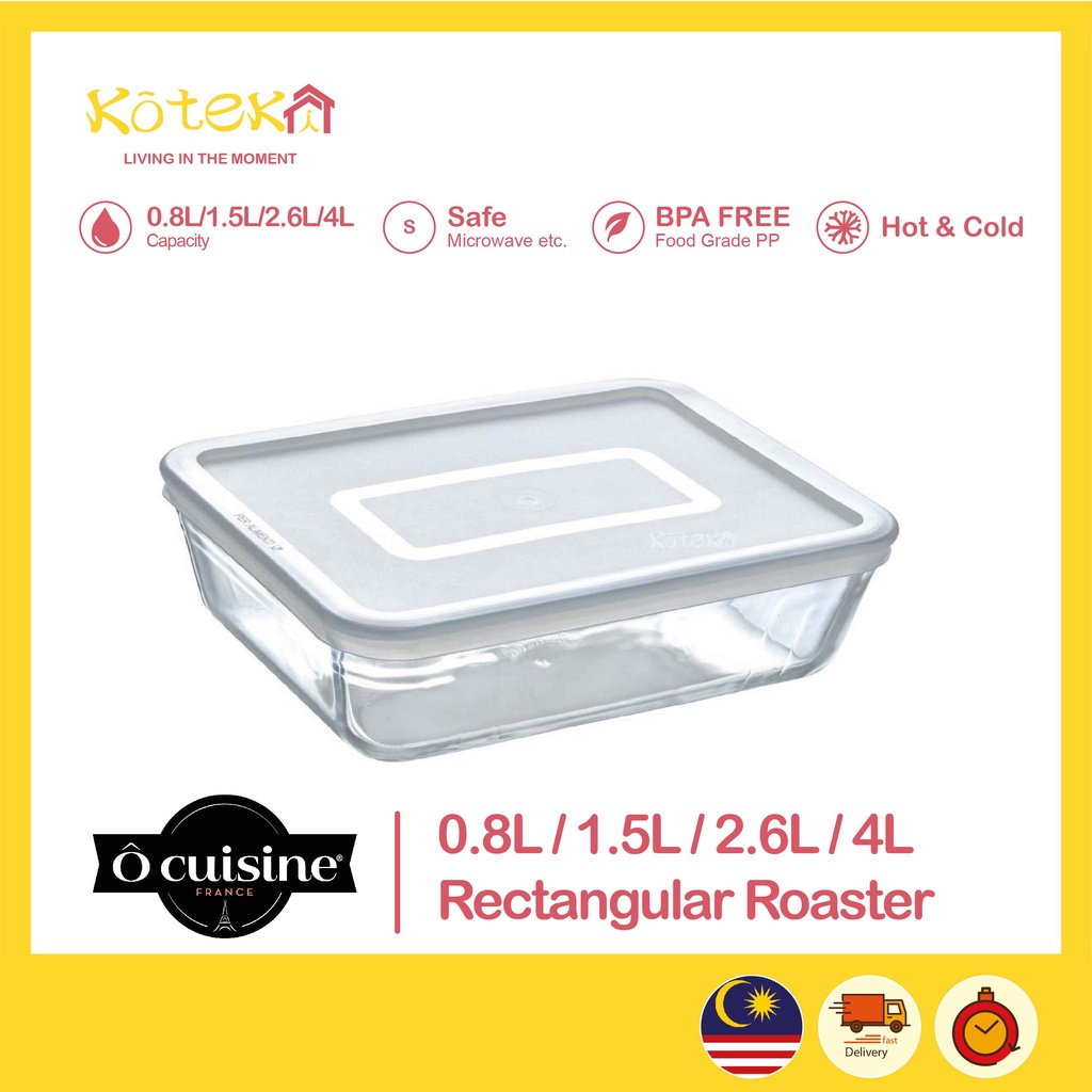Koteki Ocuisine 0.8L/1.5L/2.6L Borosilicate Rectangular Dish With White Plastic Lid Microwave ...