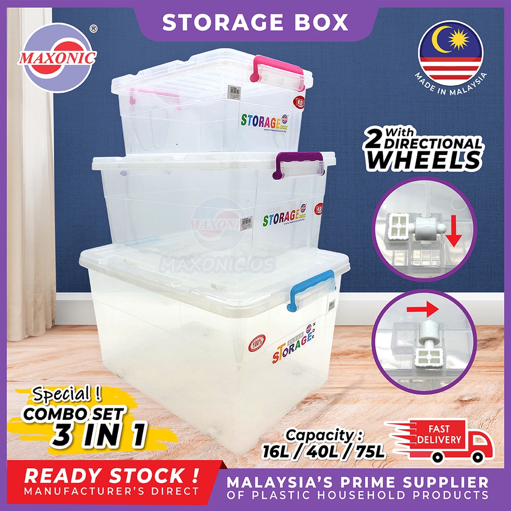 MAXONIC COMBO 3 IN 1 16L / 40L / 75L MULTI PURPOSE STORAGE BOX WITH WHEELS | HOME ORGANISER ...