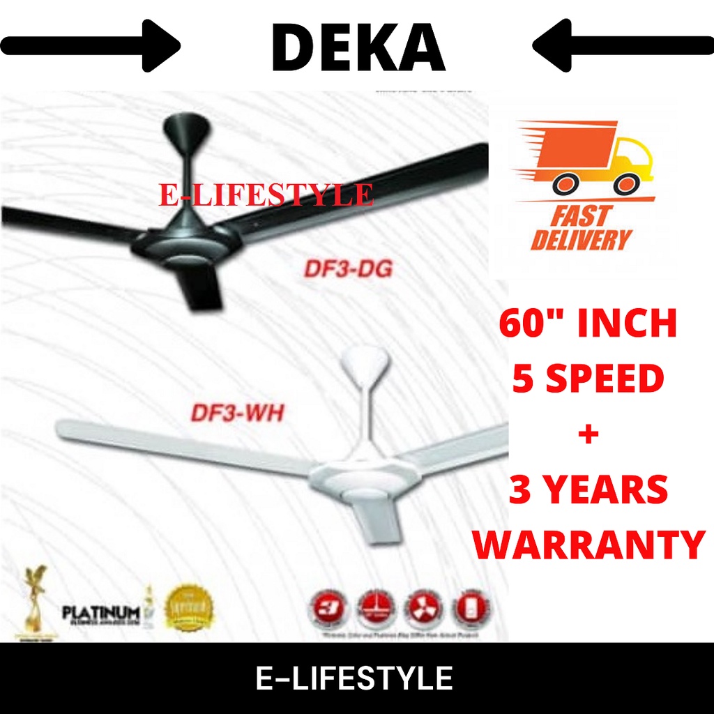 Deka DF3 Ceiling Fan 60" 3 Metal Blades 5 Speed Electronic Wall ...