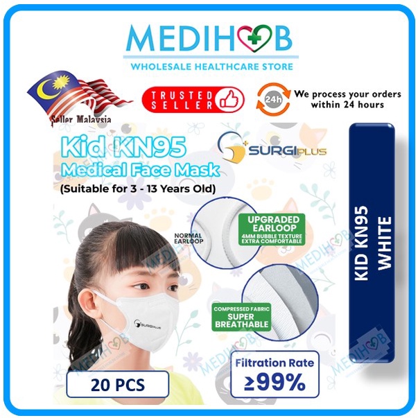 Surgiplus Medical Grade Kids KN95 WHITE Face Mask 5ply 20S | Shopee ...
