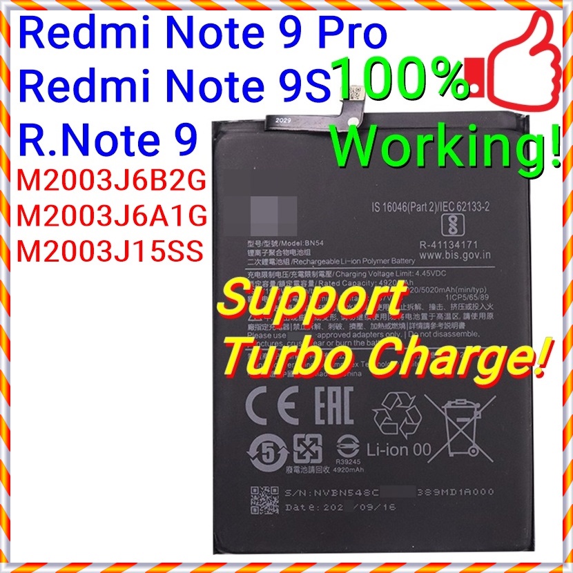 (Support Turbo Charging) NEW ORI Stable Battery for XIAOMI Redmi Note 9 ...
