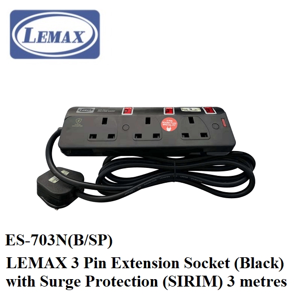 LEMAX ES-703N(B/SP) Extension Socket with Surge Protector & Neon - 3 ...