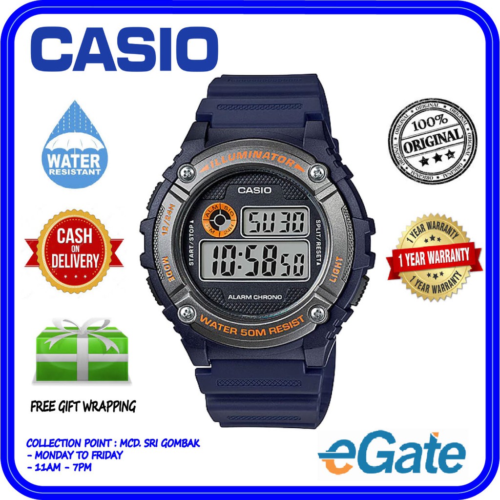 Casio W-216H-2BV Men Digital Sporty Stopwatch Blue Strap LED Light Original Casual Watch ...