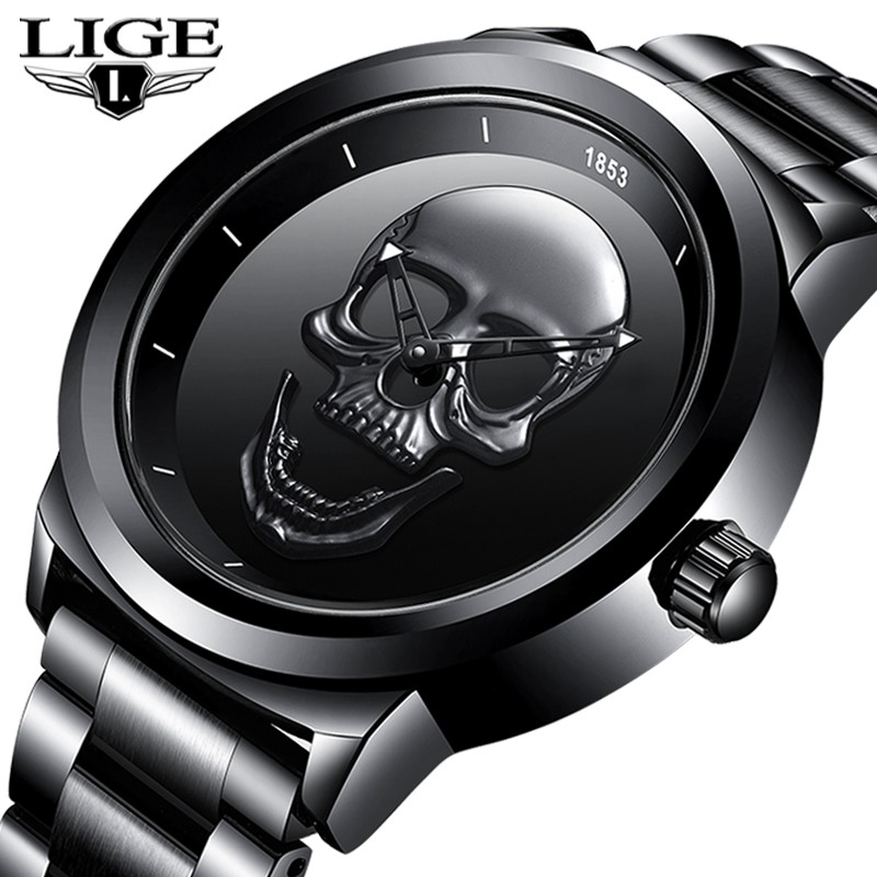 LIGE Brand Men Watch Waterproof Cool Punk 3D Skull Stainless Steel ...
