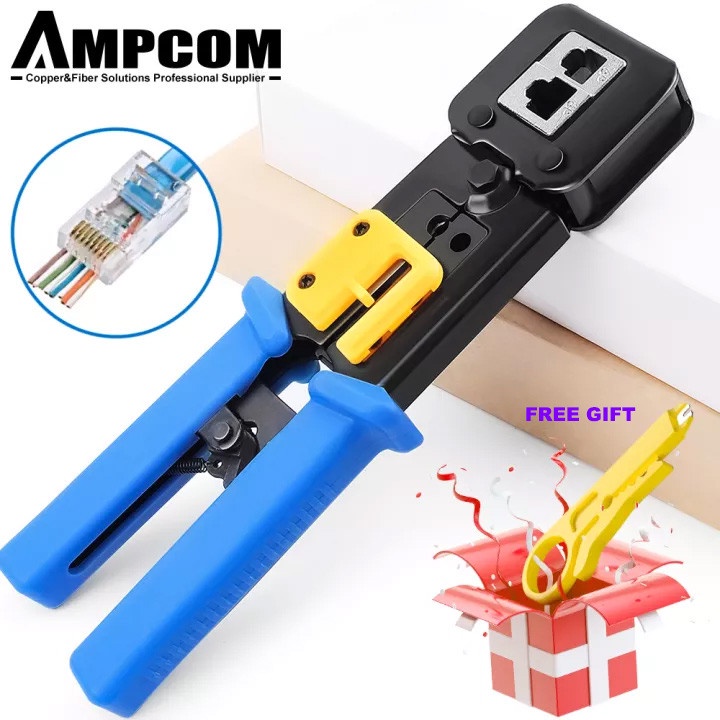 AMPCOM RJ45 Crimp Tool Pass Through Cat5e Cat6 Crimper Cutter Stripper ...