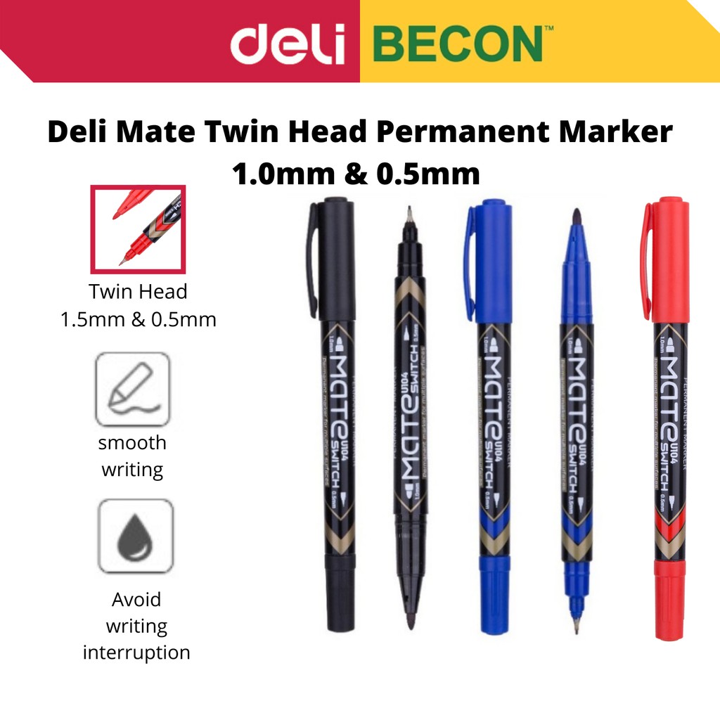 Deli Mate Twin Head Permanent Marker 1.0mm & 0.5mm U10420 Black / Blue ...