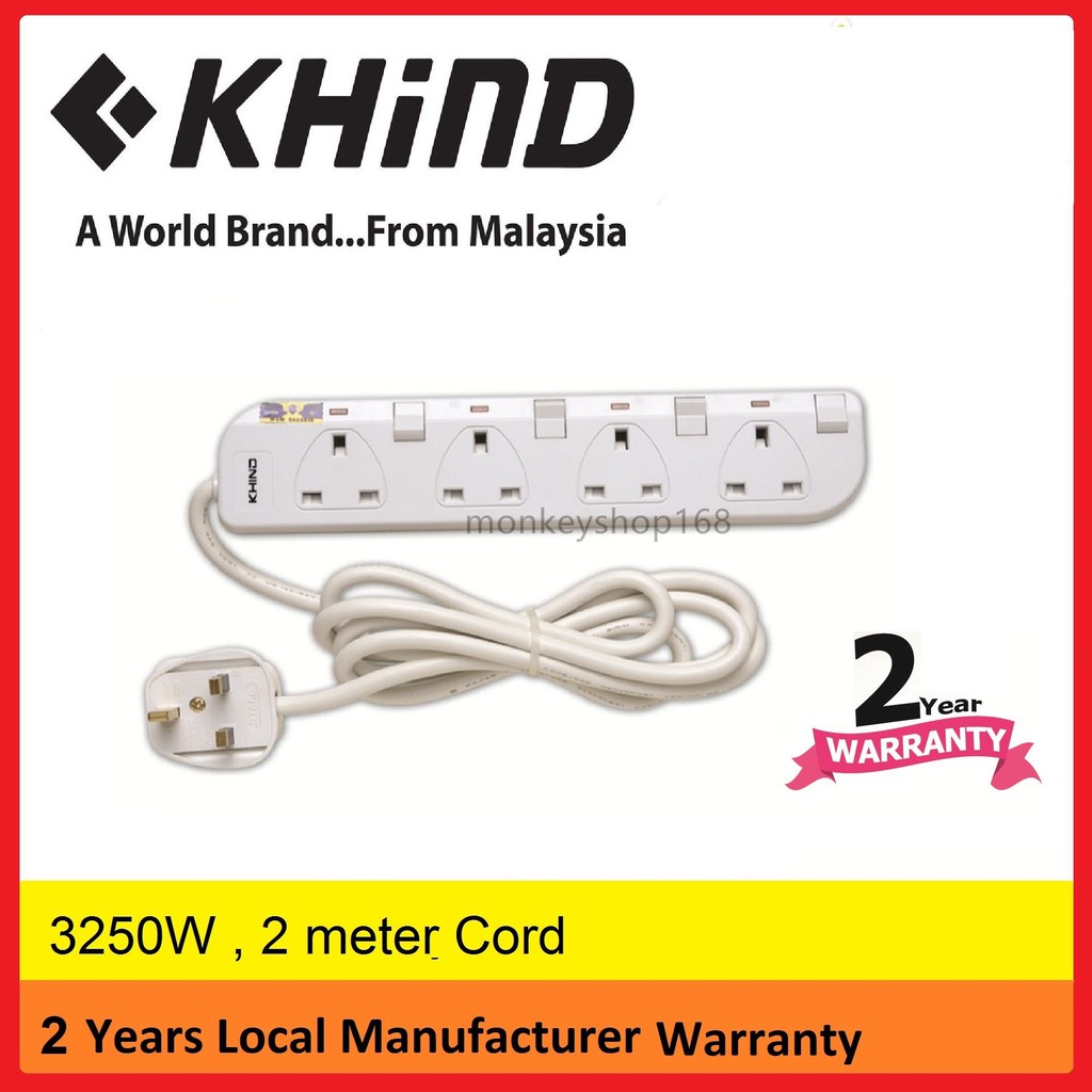 Khind 4 Gang Extension Socket LN8134W (32508W) 2.0m Trailing Socket 2 ...