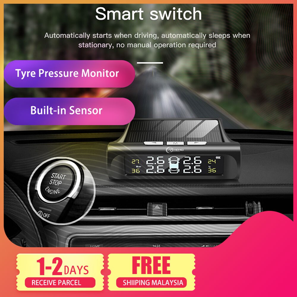 🔥 Ready Stock 🔥 AJ-50 Smart Car TPMS Tyre solar Pressure Monitoring LCD warning System Real-time ...