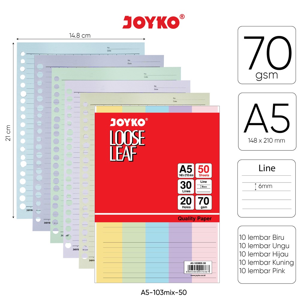 Loose Leaf Color Joyko A5 Color Binder File Paper Contents 50 Sheets ...