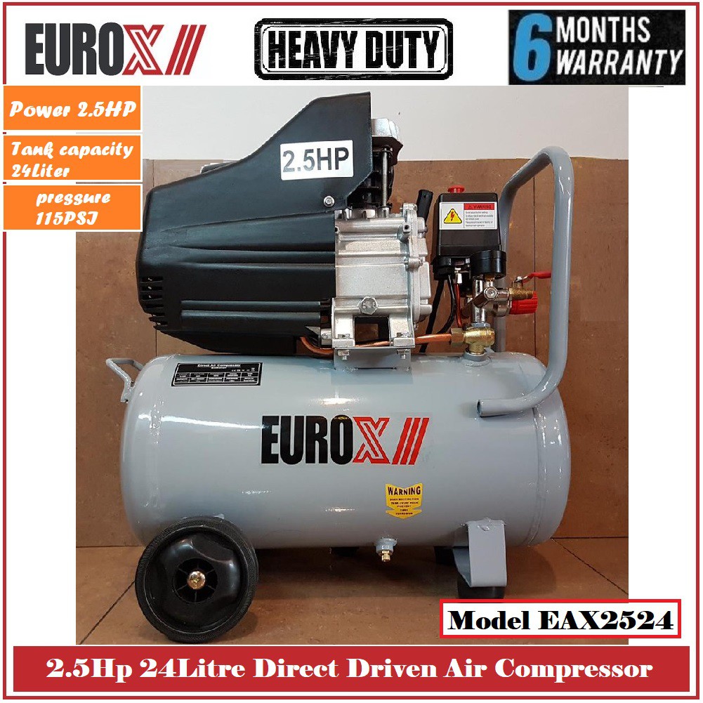 EUROX EAX2524 2.5Hp 24Litre Direct Driven Air Compressor - 115pcsi/8Bar - 6 Months Local ...