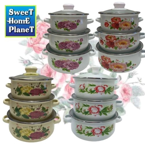 Floral Decal 3pcs Set Enamel Cookware Pot Cast Iron Casserole Stock ...