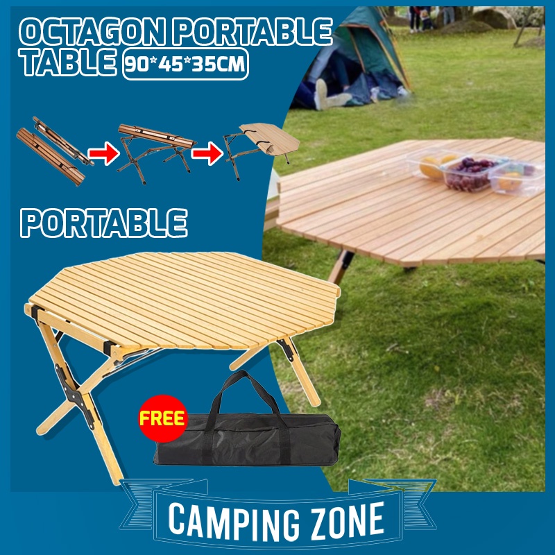 Picnic Foldable Wood Table Meja Lipat Outdoor Camping Octagonal Egg ...