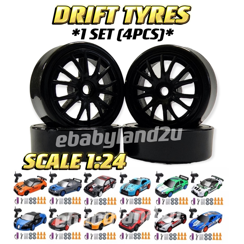 RC Drift Tyre Scale 1:24 1set 4pcs Tayar Licin Kereta Kontrol RC ...