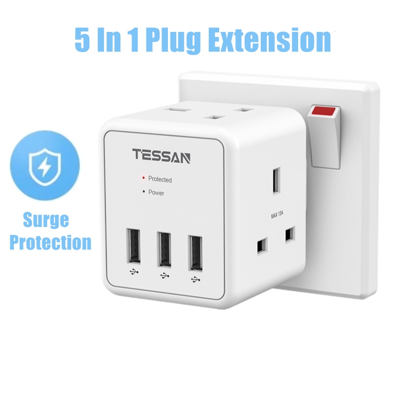 TESSAN Extension Plug Adapter with USB+Type C, Multi Plug Adaptor,Surge ...