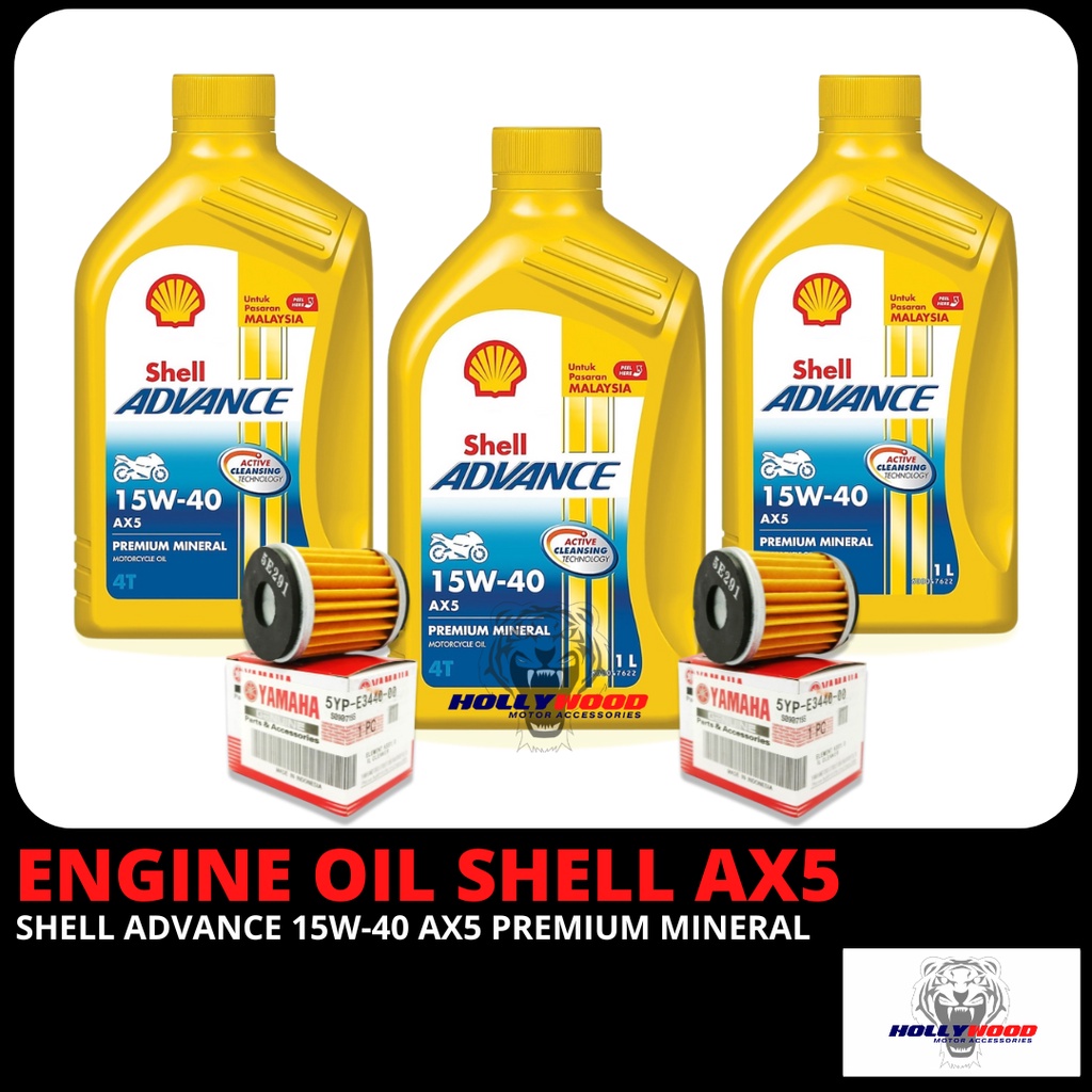 SHELL ADVANCE 4T AX5 15W40 ENGINE OIL MINYAK HITAM SHELL MINERAL + YAMAHA OIL FILTER 100% ...