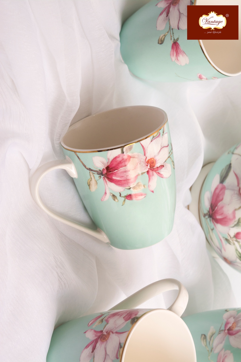Vantage Fine Porcelain Tif_fany Blue Magnolia Mug Set (6 Pcs Tableware ...