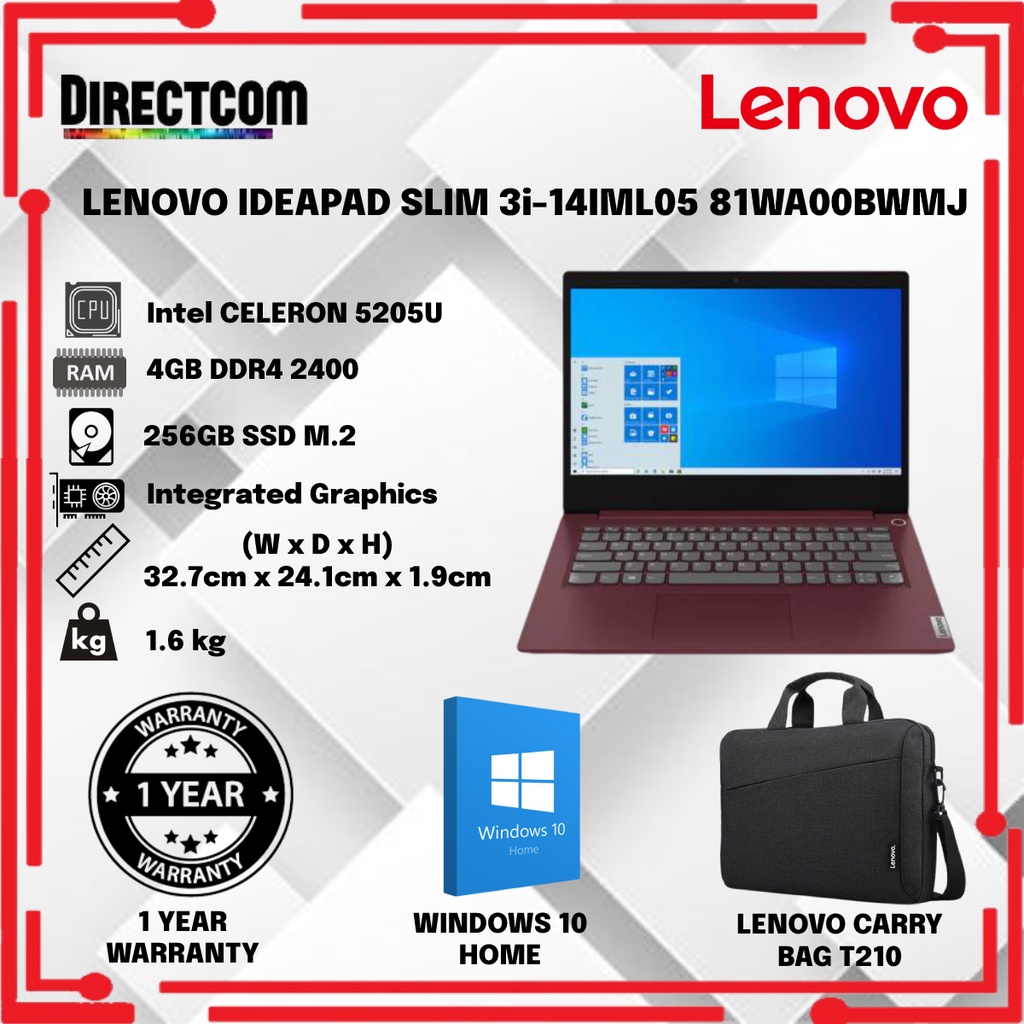 LENOVO IDEAPAD SLIM 3i-14IML05 81WA00BWMJ Cherry Red (CELERON 5205U / 4GB RAM / 256GB SSD ...