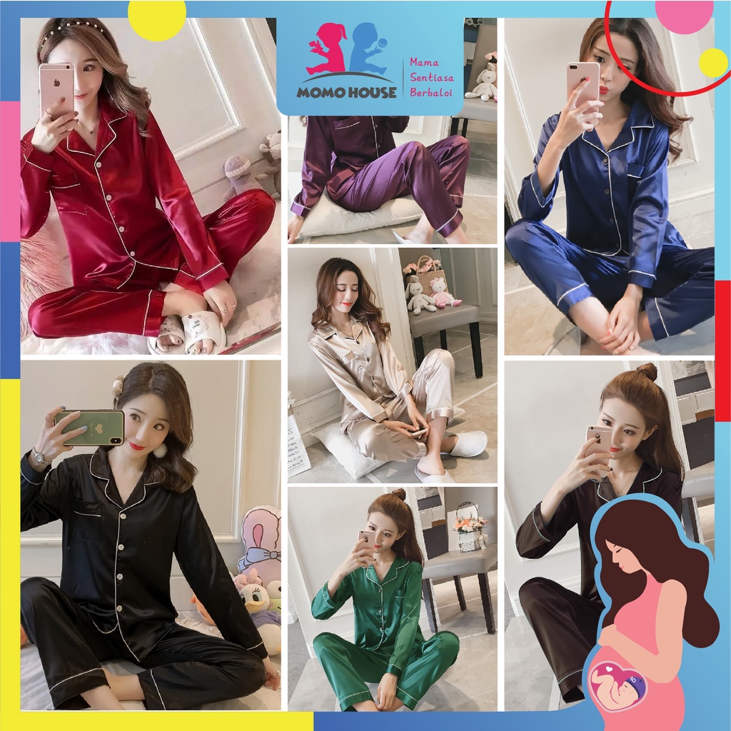 Long Sleeve Satin Silk Sleepwear Pyjamas Lengan Panjang Baju Tidur ...