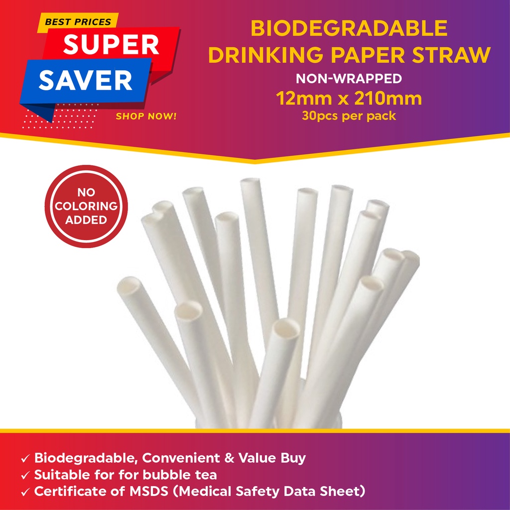 *PAPER STRAW 12mm x 210mm* NON-WRAPPED Biodegradable Drinking Paper ...