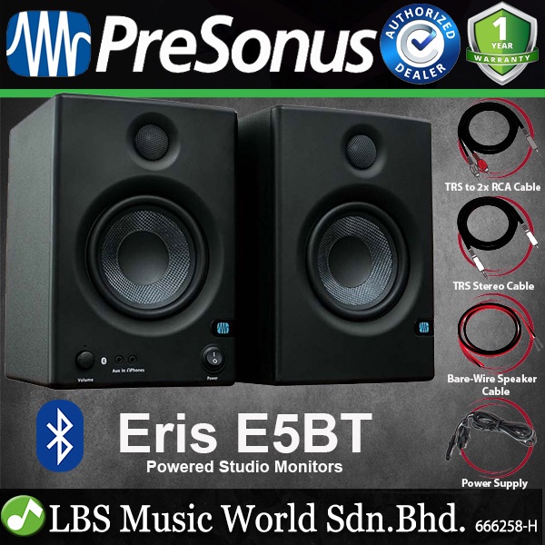 PreSonus Eris E5BT 5.25 Inch 100 Watts Bluetooth Powered Studio Monitors Speaker - Pair Only (E5 ...