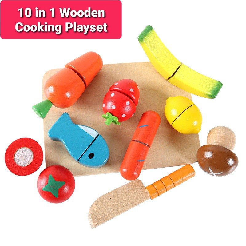 10 / 13 in 1 Wooden Vegetables Fruit Cutting Velcro Educational Learning Toy Kids Baby Toddler ...