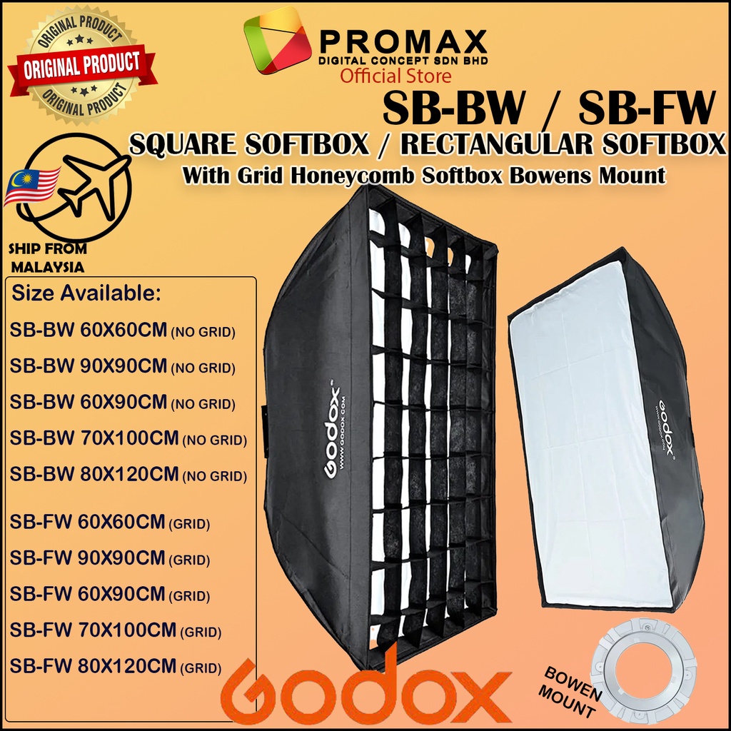 Godox SB-FW SB-BW 60x60cm 80x120cm 70X100CM With Grid Honeycomb Softbox Bowens Mount ORIGINAL ...