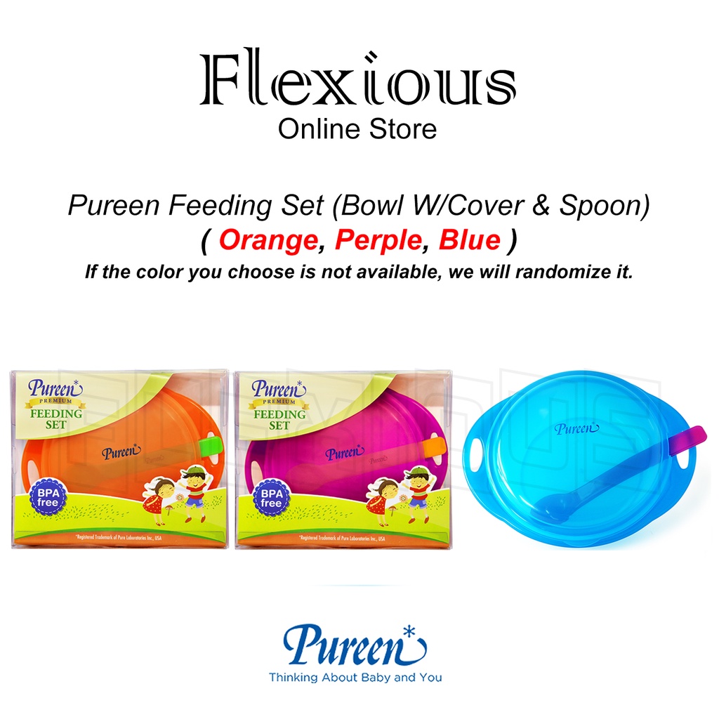 *Pureen* Feeding Set Bowl W/Cover & Spoon (Orange, Perple, Blue ...