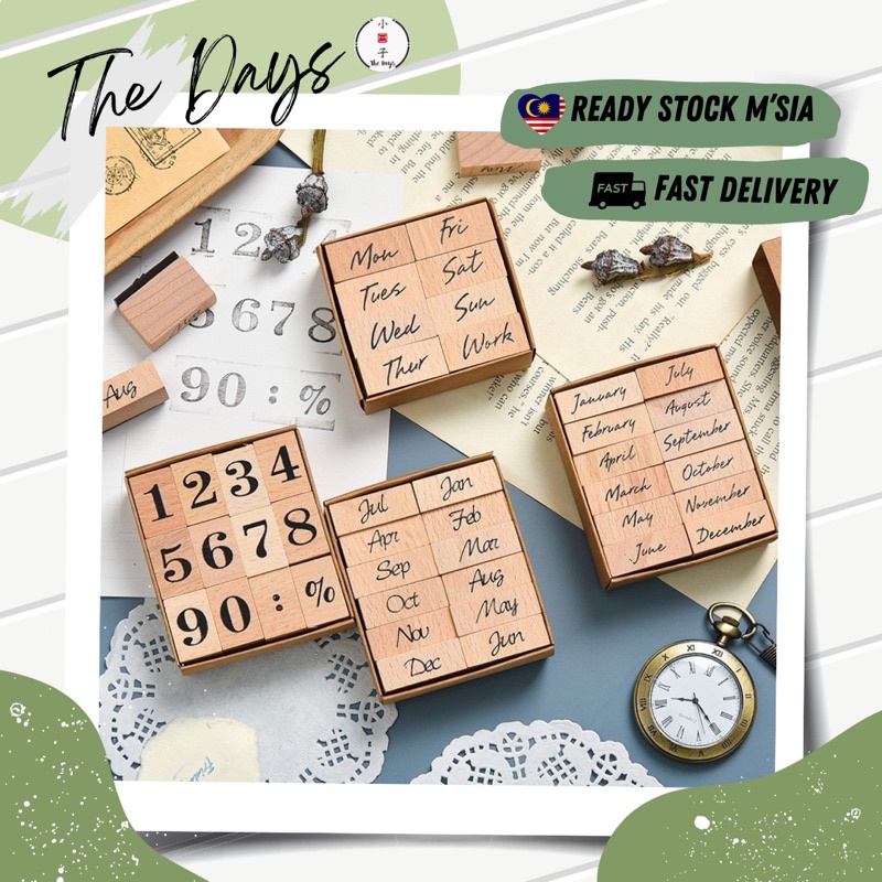 THE DAYS Week Months Number Design Decorative Wooden Rubber Stamp Set ...