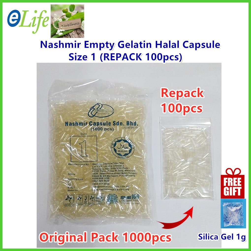 Nashmir Empty Gelatin Halal Capsule Size 1 (REPACK 100pcs) FREE 1 pc of ...