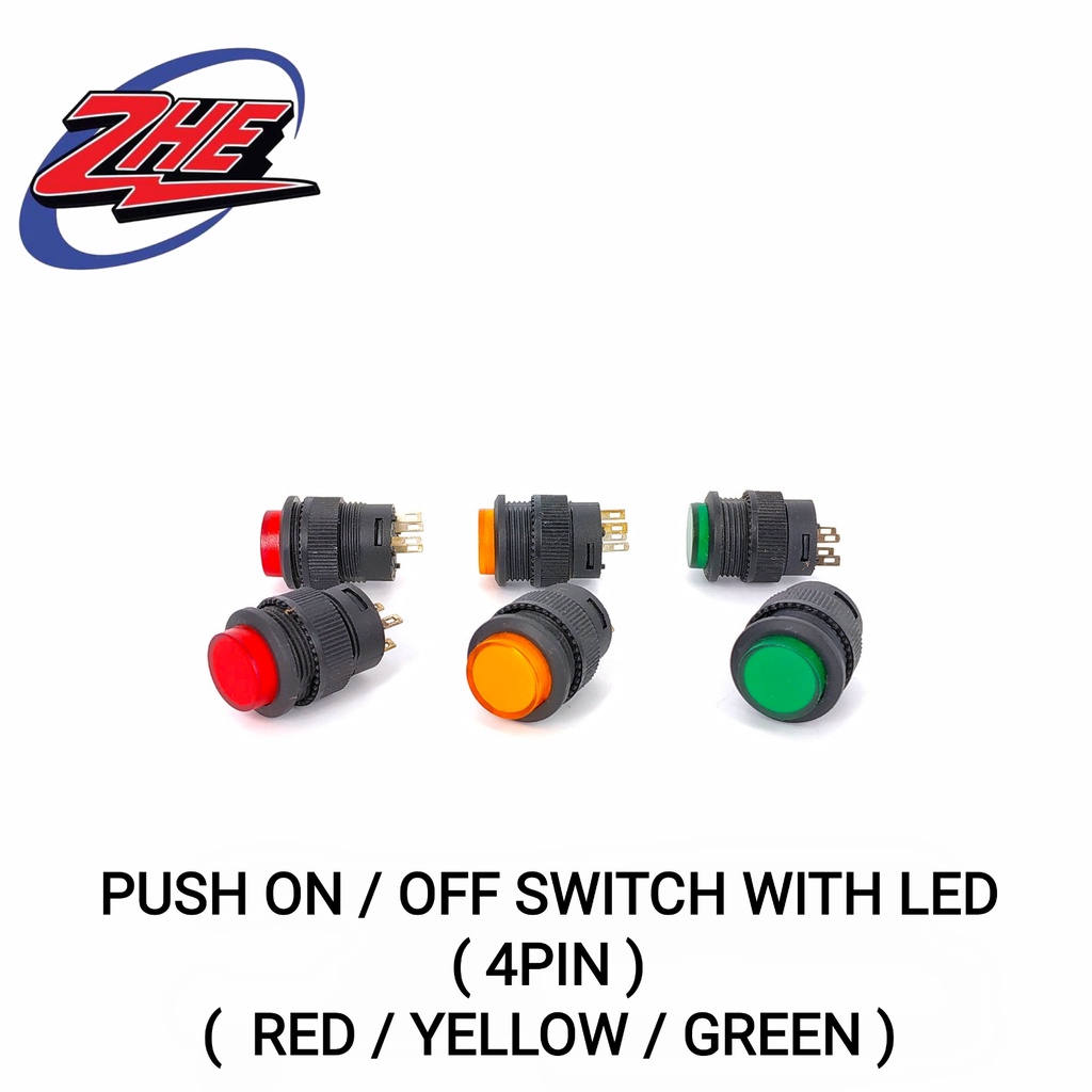 4-Pin Self Locking Push ON-OFF Button Switch With LED (RED/ YELLOW/ GREEN) (R16-503AD) (1002957 ...