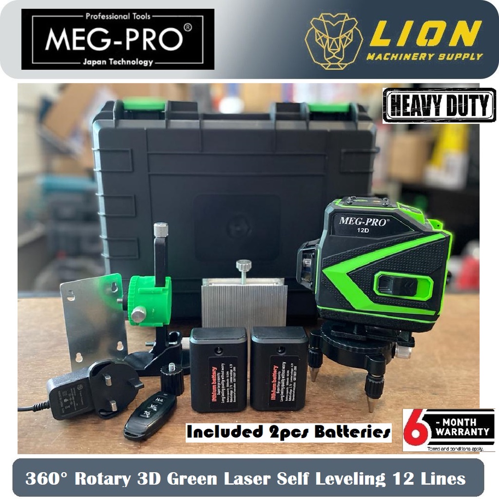 MEG PRO 360° Rotary 3D Green Laser Level 12/16 Lines Self Leveling ...