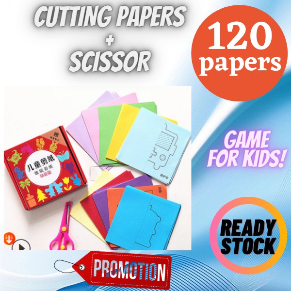 FREE Scissor + 120 Colourful Printed Papers Cutting Game for kids Budak ...