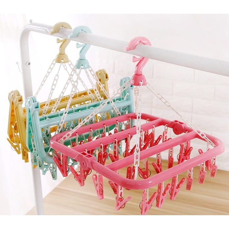 32 Clips Laundry Hanger Clothes Foldable Hanging Rack Cloth Baby ...