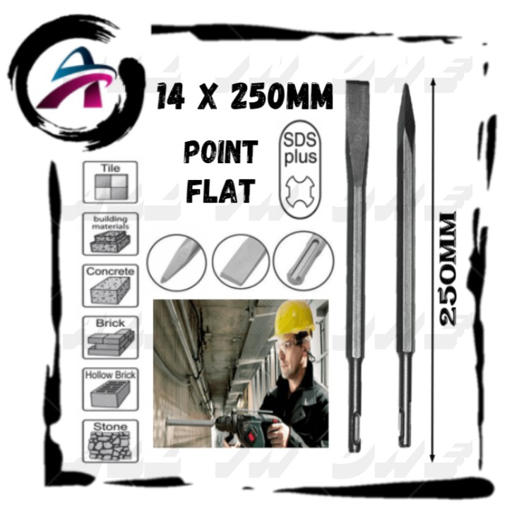 【Ready Stock】14mm x 250mm SDS Plus Flat Chisel Point Chisel for Electric Rotary Demolition ...