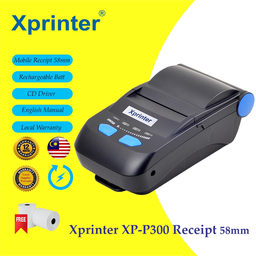 XPrinter XP-P300 POS 58mm Thermal Receipt Portable Mobile Printer (USB Port + Bluetooth) - Free ...