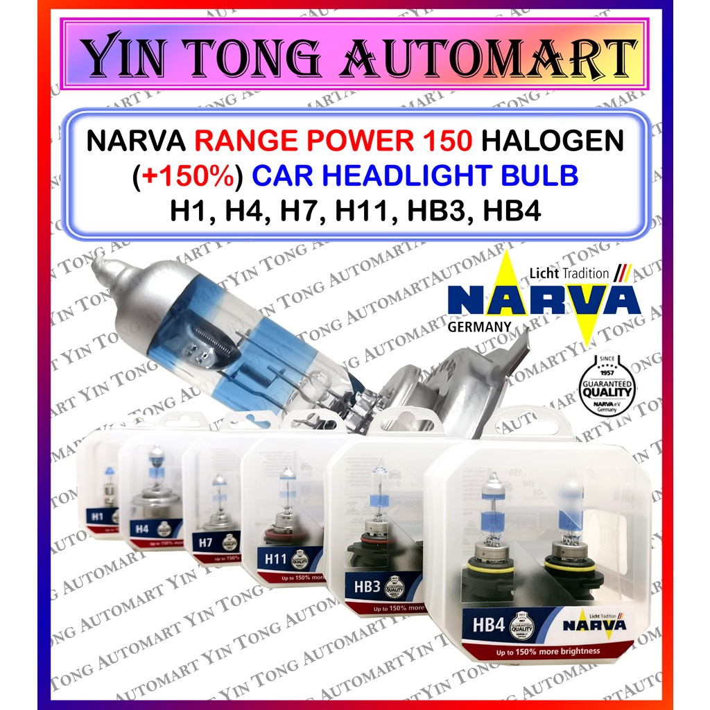 NARVA Range Power 150 Halogen (+150%) /Range Power 200 (+200%) Car Headlight Bulb H1, H4, H7 ...