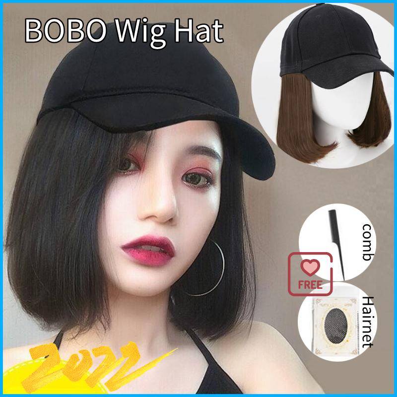 BobHaircut Female Short Hair Wig Cap Peaked Cap Long Curly Wig Topi ...