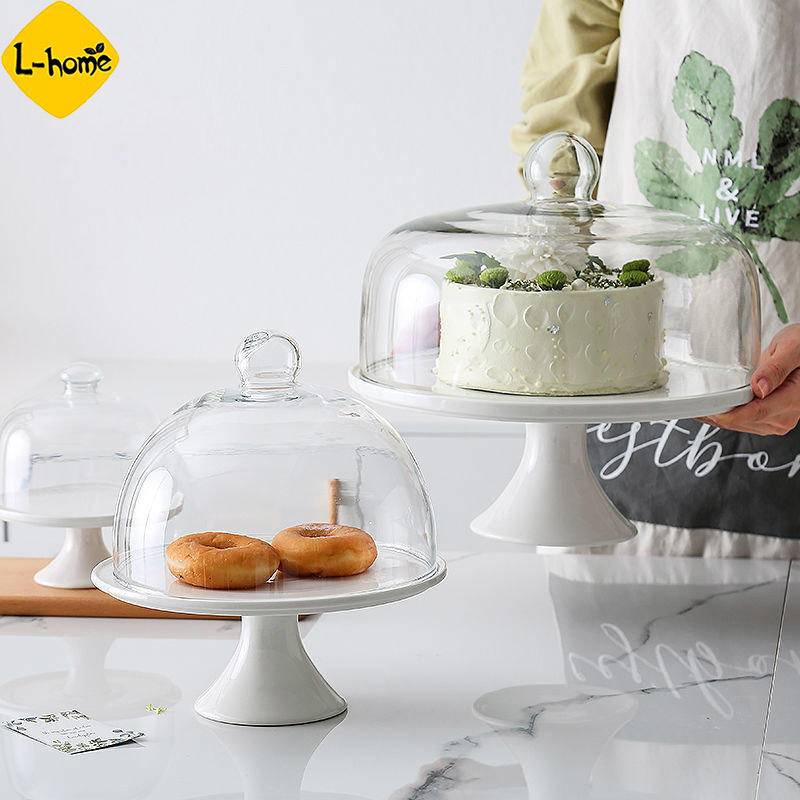 Ceramic Cake Stand with Glass Cover Tall Birthday Wedding Cake Display ...