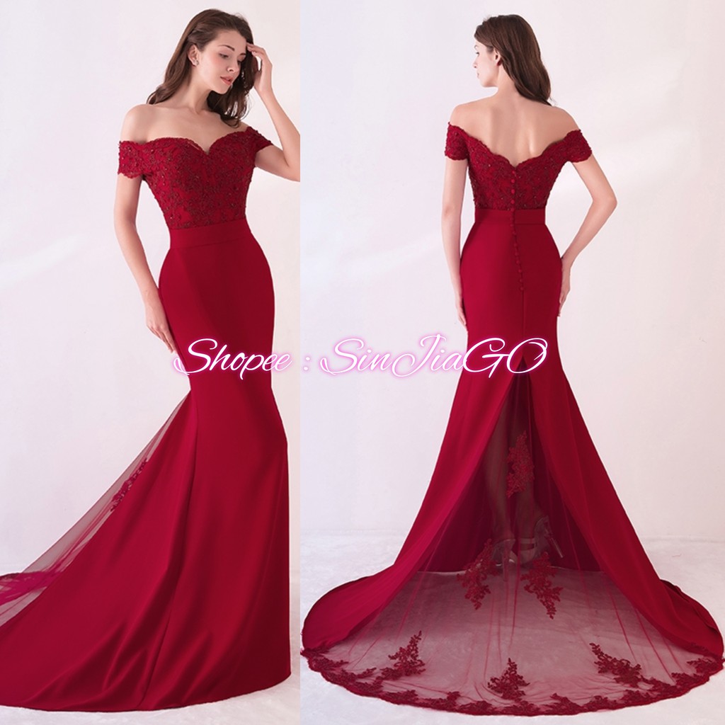 L~6XL Off Shoulder Mermaid Elegant Wedding Party Event Wine Red Dinner ...