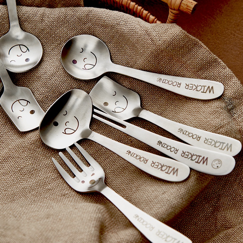 Korean cute dessert smile spoon fork chopsticks tableware 304 stainless ...