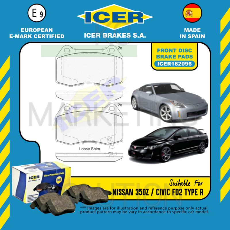 ICER Front Disc Brake Pads Nissan 350Z / Honda Civic FD2 Type R (E-Mark ...