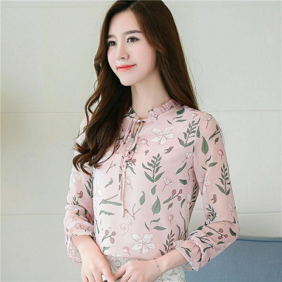 Long Sleeve Floral Baju Chiffon blouse Plus size blouse women blouse ...