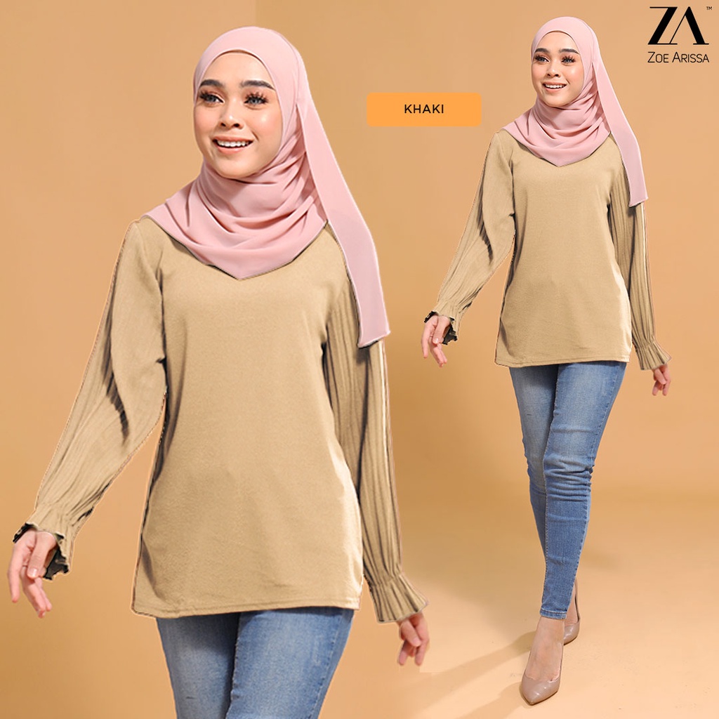 BLOUSE MUSLIMAH COTTON Lychee LABUH Top Baju SIMPLE Plain Pleated ...