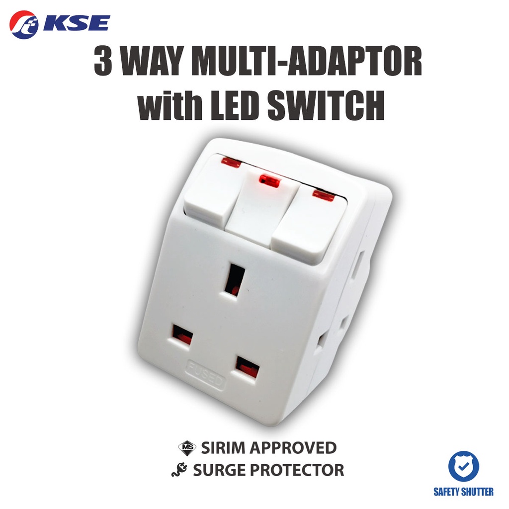 Sirim Approved KSE 3 Way 3 Pin UK Plug Multi-Adaptor With Led Switch ...