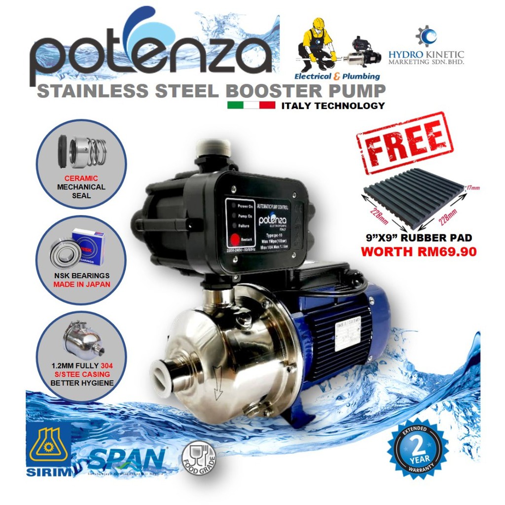 POTENZA PSW2-30PC (0.5HP) Home Water Pump Booster Stainless Steel ...