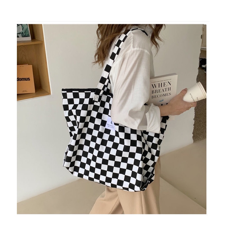 Ready Stock Checkerboard Lattice Student Canvas Handbag Tote Bag Large ...
