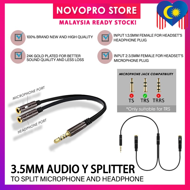 3.5mm Audio Y Splitter to split microphone and headphone and connect to ...